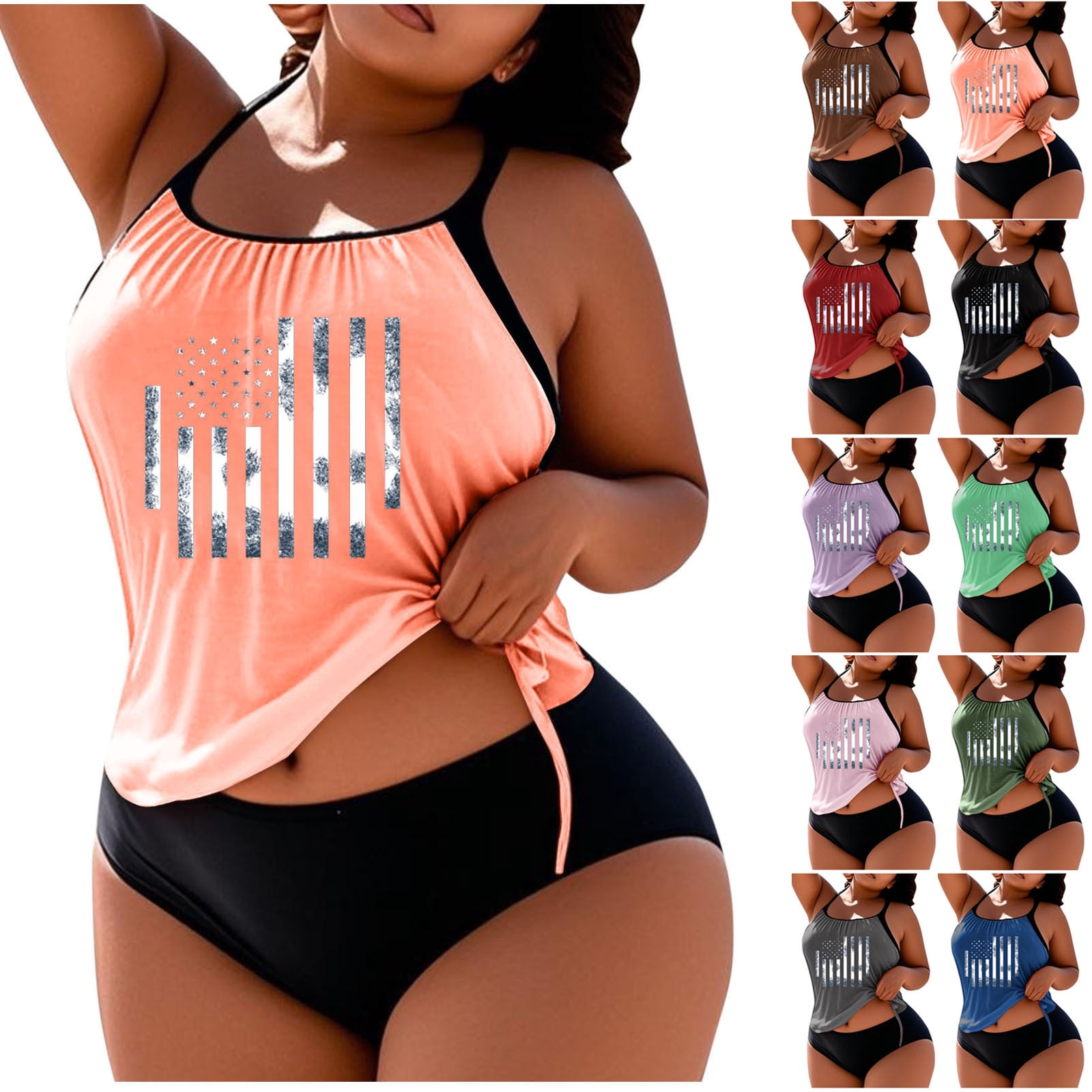 ZVAVZ Two Piece Tankini Swimsuits for Women Plus Size American Flag Print Bathing Suits Summer ...
