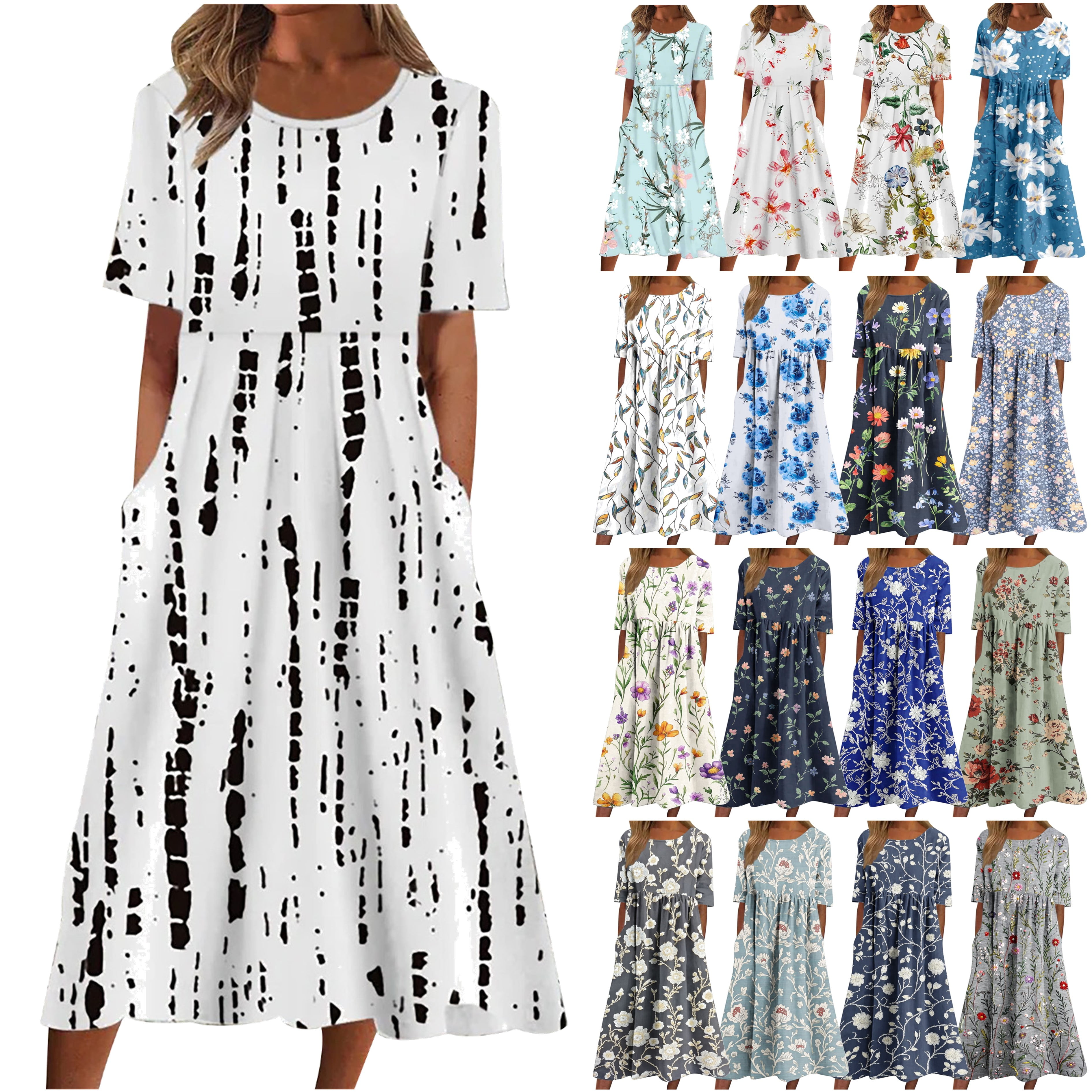 ZVAVZ Women Boho Floral Summer Dresses Cotton Linen Short Sleeve Casual ...