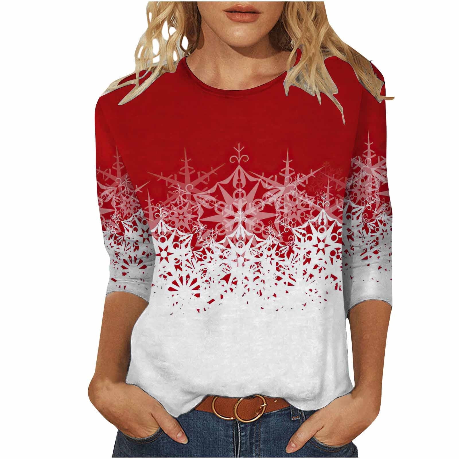 ZVAVZ Women Christmas Cute Shirts 3/4 Length Sleeve Scoop Neck Tops ...