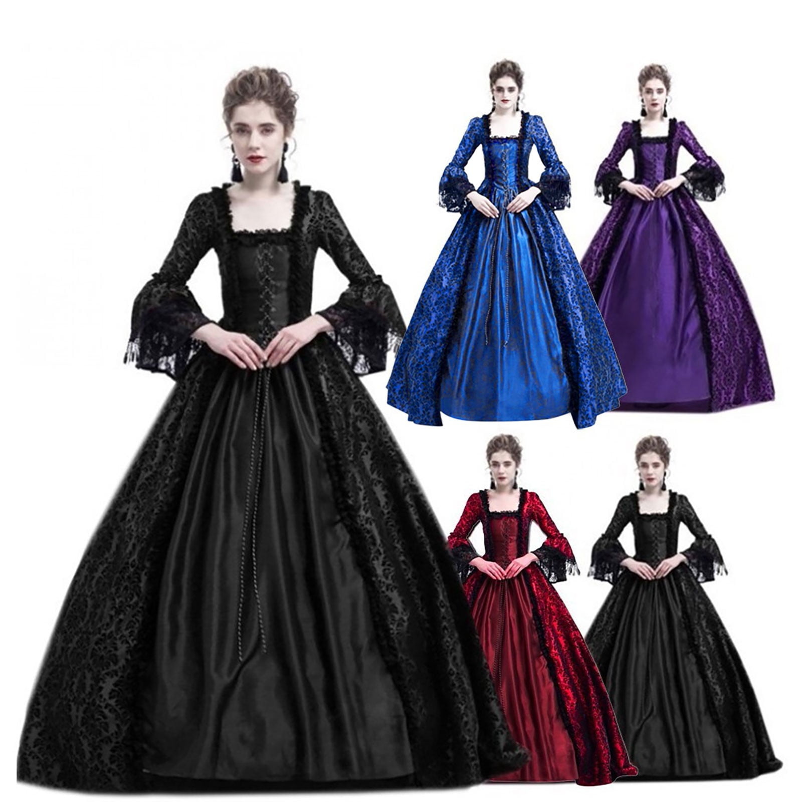 ZVAVZ Womens Medieval Rococo Party Dress Square Neck Lace Long Sleeve ...