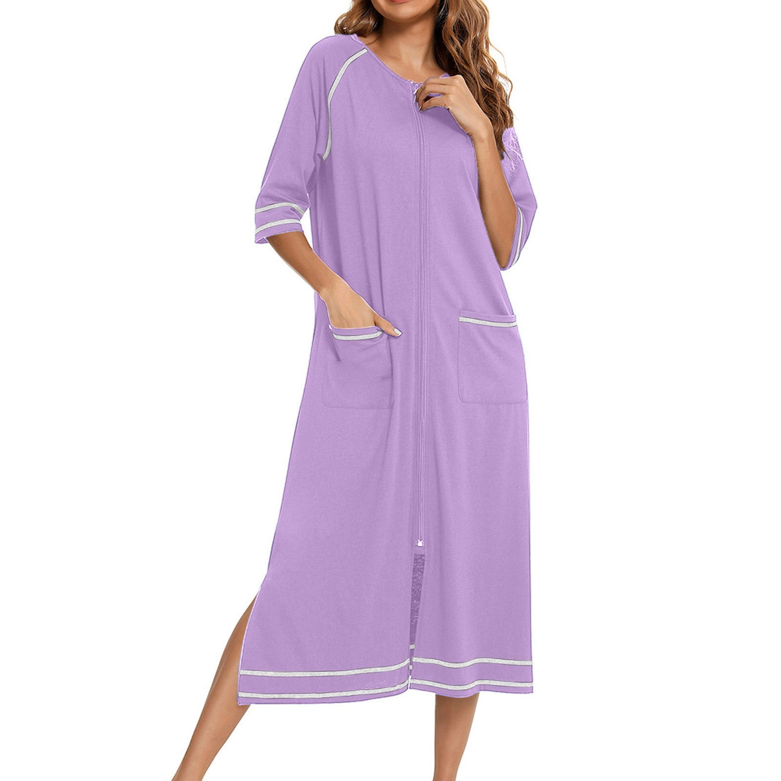 ZVNAΖH Robes for Women with Zipper, 3/4 Sleeve Housecoats, Full Length ...