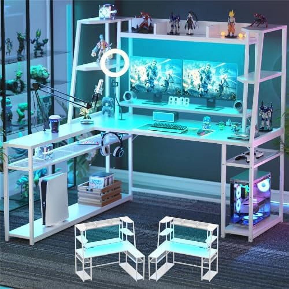 ZWNLKQG 63'' Large L Shaped Gaming Desk with LED Lights & Power Strips ...