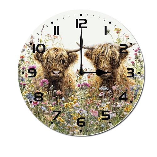 ZXCXRQFa Brown Highland Cows Flowers Wall Clock Art Hanging Clocks ...