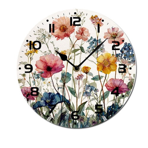 ZXCXRQFa Clocks Colorful Watercolor Floral Round Wood Wall Clock, 10 ...