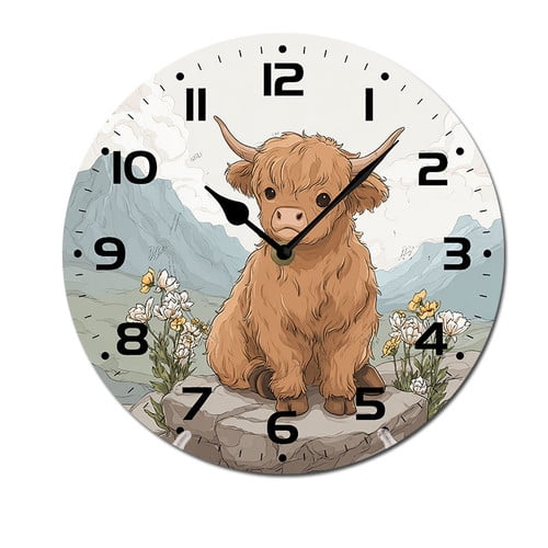 ZXCXRQFa Cute Baby Highland Cow Flowers Animal Wall Clocks Battery ...