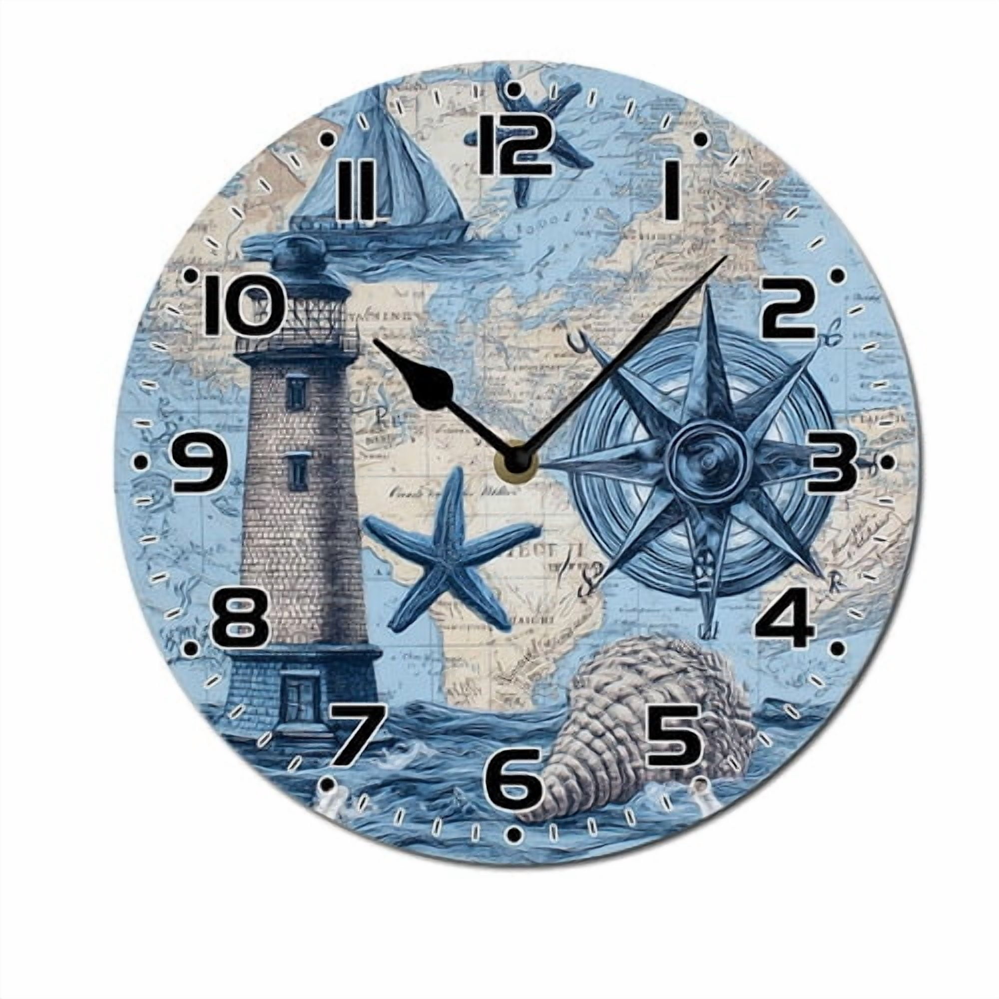 ZXCXRQFa Silent Clocks Nautical Compass Lighthouse Shell Wooden Silent ...