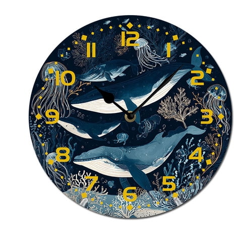 ZXCXRQFa Silent Clocks Ocean Whale Shark Dolphin Round Wood Wall Clock ...