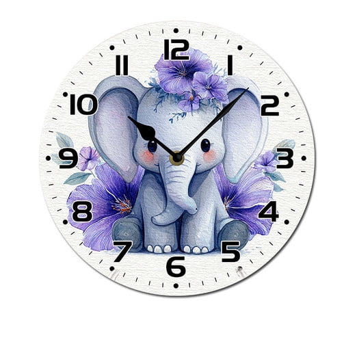 ZXCXRQFa Silent Clocks Watercolor Baby Elephant Flowers Wall Clocks ...