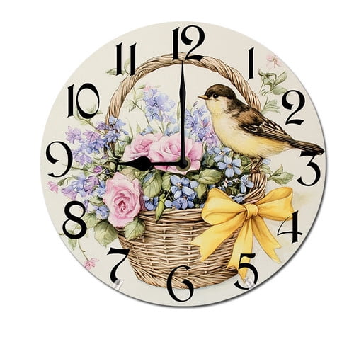 ZXCXRQFa Watercolor Flower Basket Of Flowers And Robin Bird Wall Clock ...