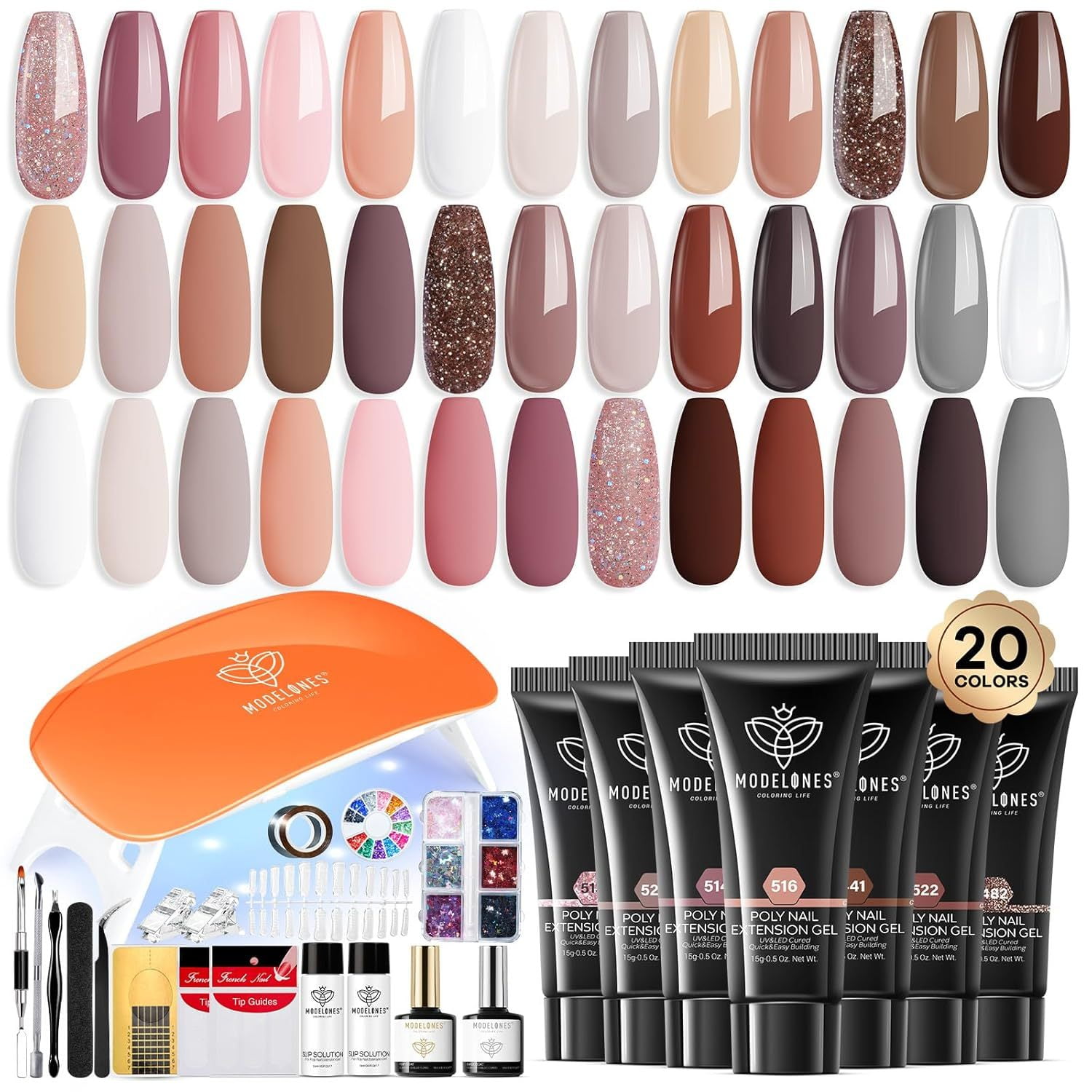 ZXFF Poly Gel Nail Kit with Nail Lamp 20 Colors Complete Extension ...