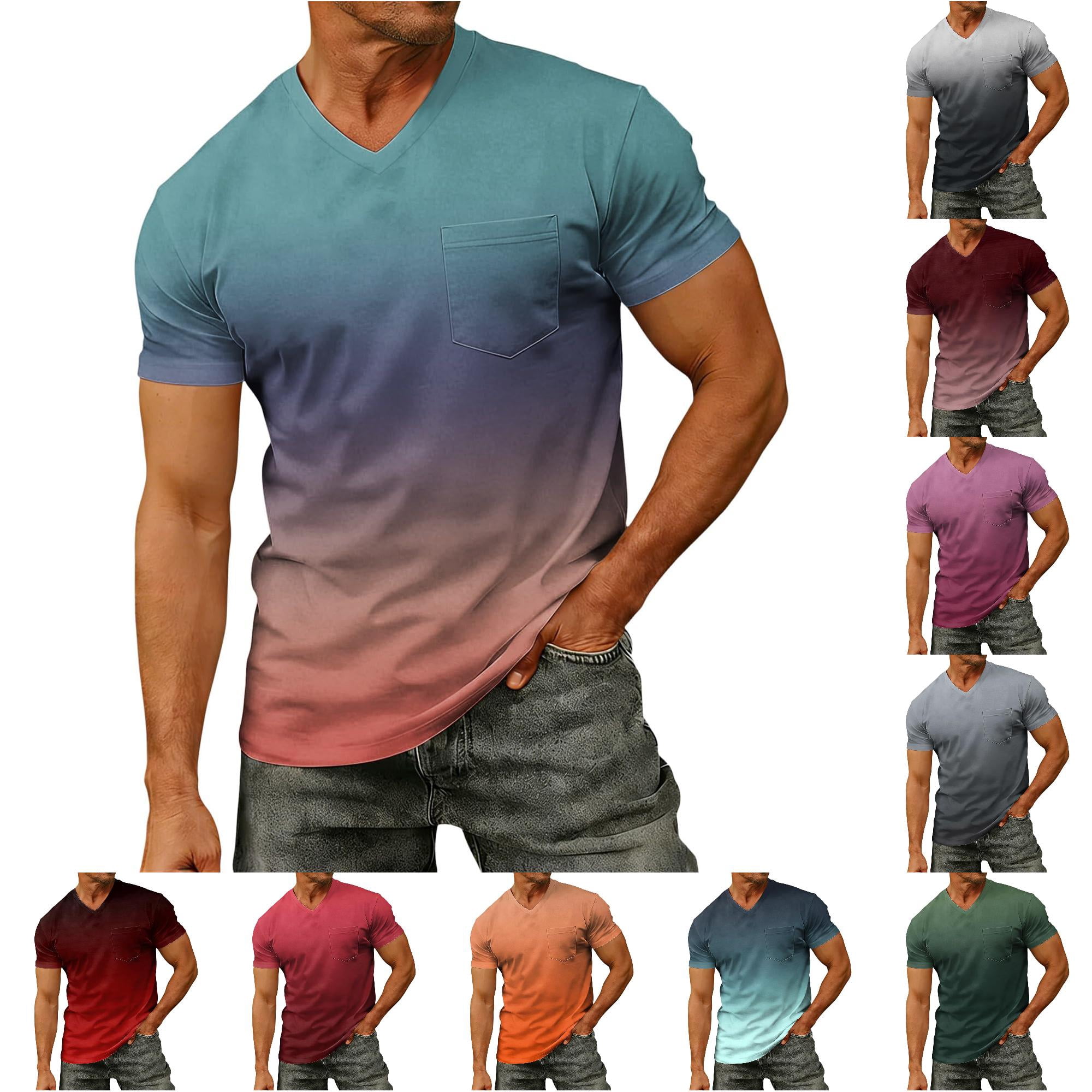 ZXLBBD Men's T-Shirts Short Sleeve Gradient Color V Neck Tee with Front ...