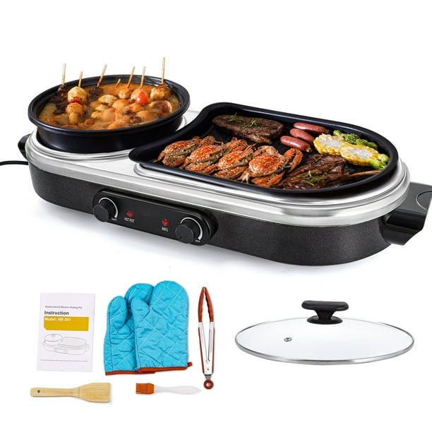 ZXMT 2 in 1 Electric Hot Pot with Grill Combo 2100W Indoor Griddle Dual Temperature Control Non ...