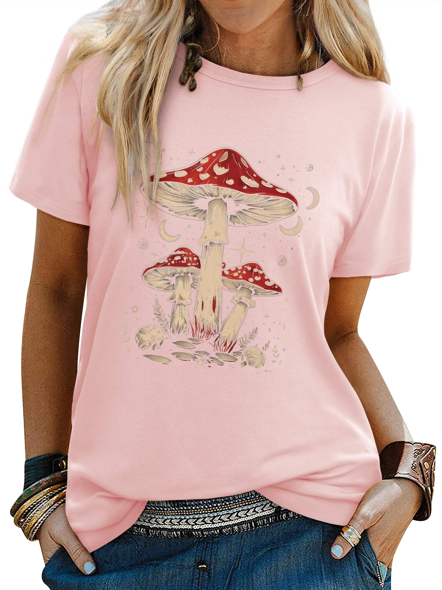 ZXSXSY Cute Graphic Tee for Women Novelty Shirts Mushrooms Moon Stars ...
