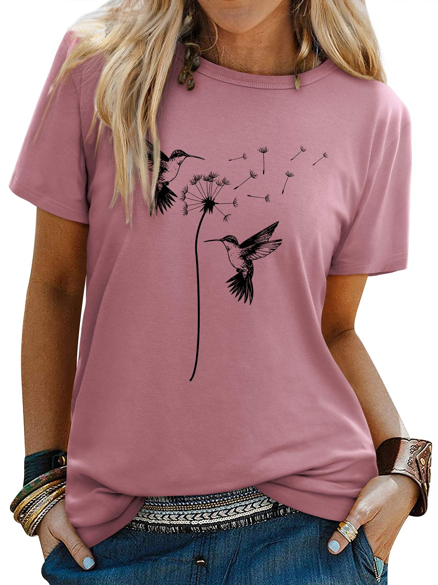 ZXSXSY Graphic Tees Women Cute Dandelion and Birds Print Crew Neck ...