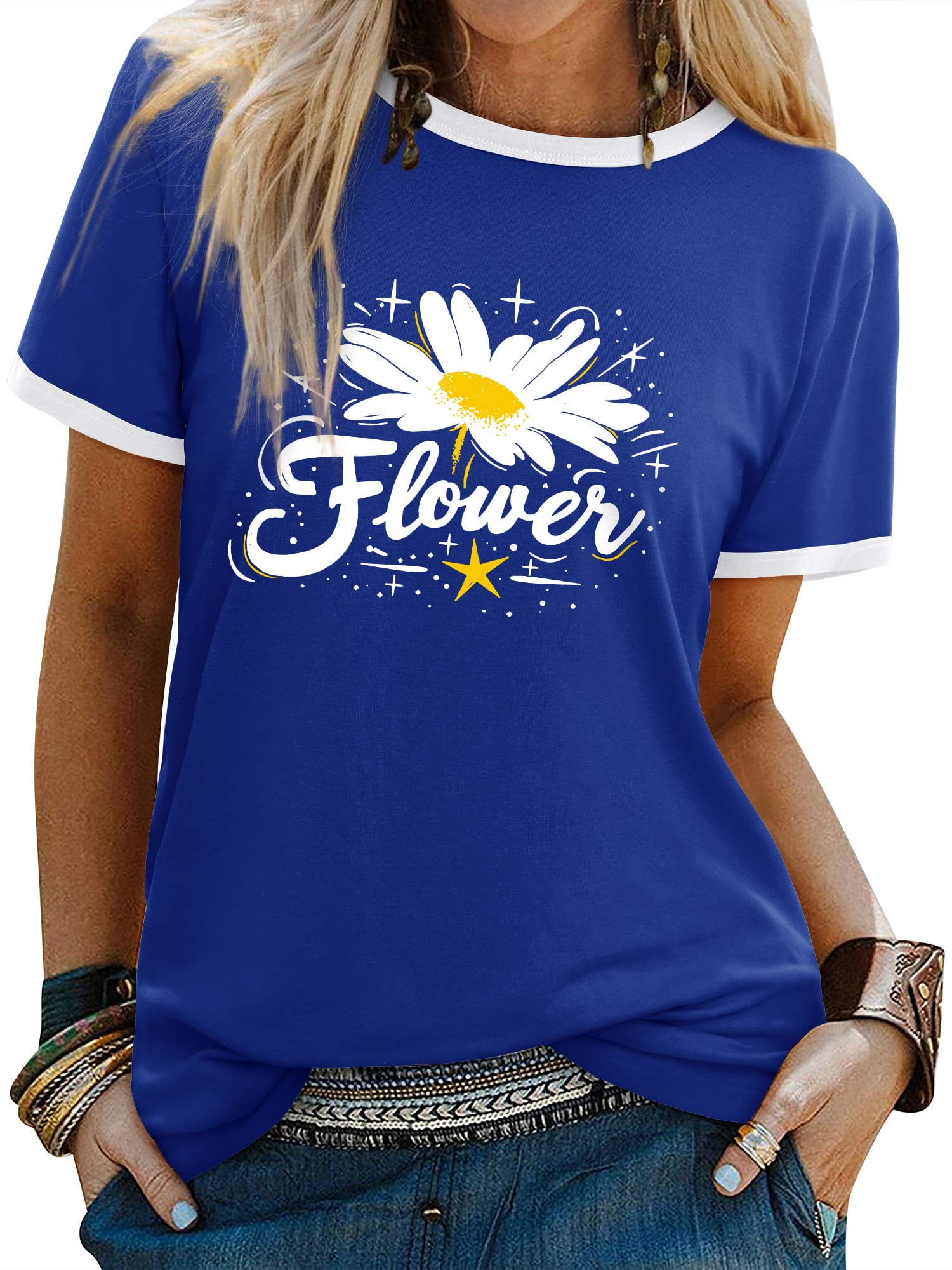 ZXSXSY Graphic Tees for Women Daisy Flower Print Crew Neck Short Sleeve ...