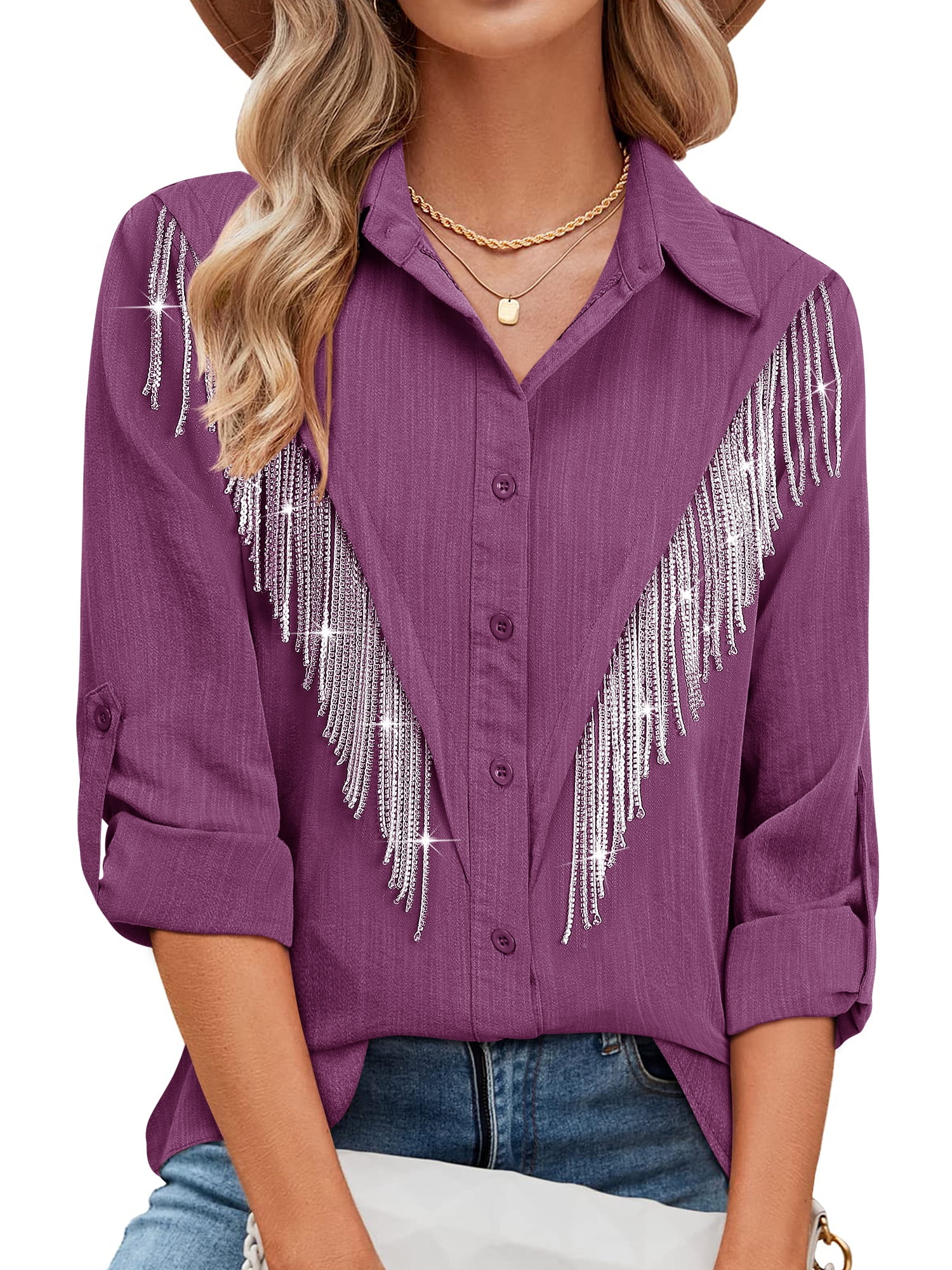ZXSXSY Rhinestone Fringe Button Down Shirts for Women Rolled Long ...