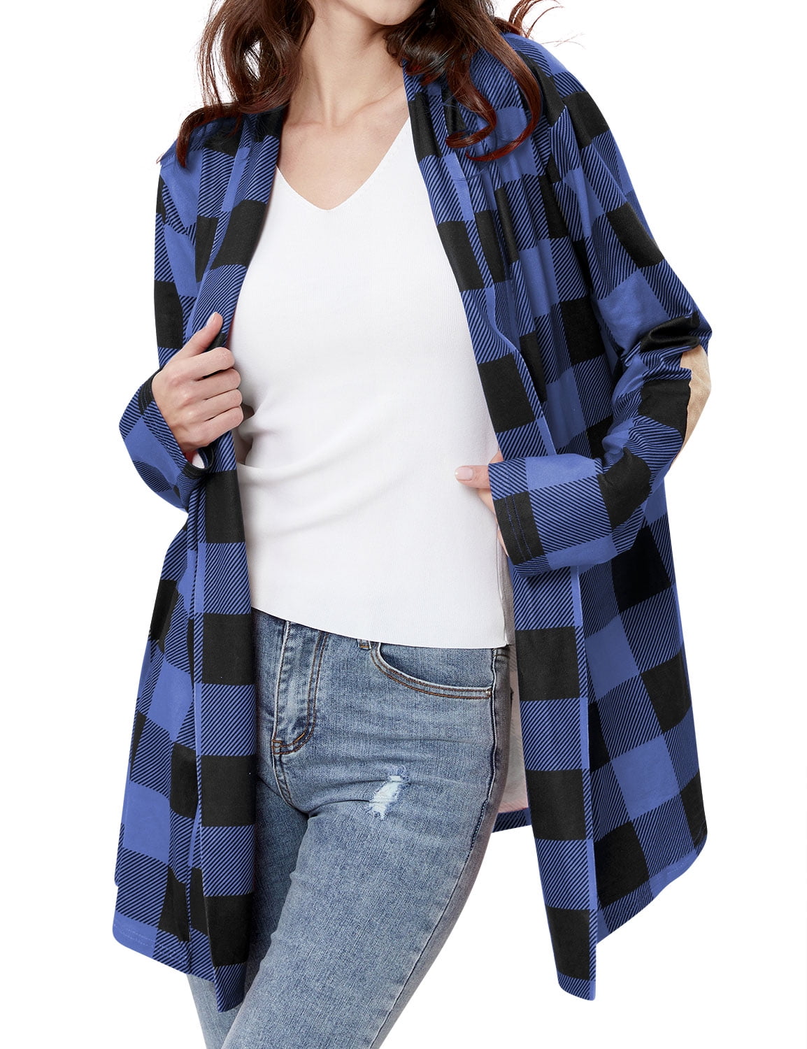 ZXSXSY Women Colorblock Plaid Elbow Patch Long Sleeves Cardigan ...