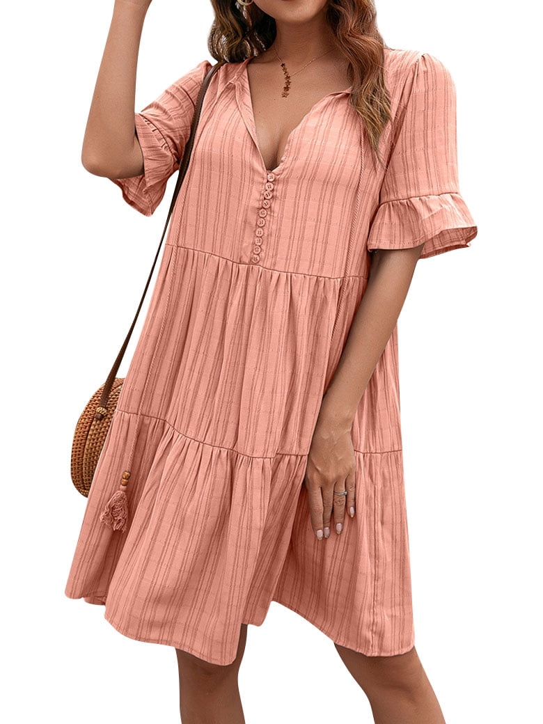 ZXSXSY Women Stripe V Neck Laced-Up Buttons Ruffled Short Sleeve Mini ...