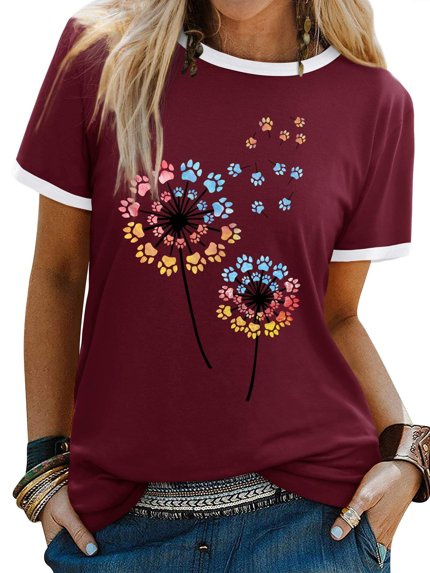 ZXSXSY Women's Dandelion Paw Print Graphic Tee Crew Neck Short Sleeve T ...