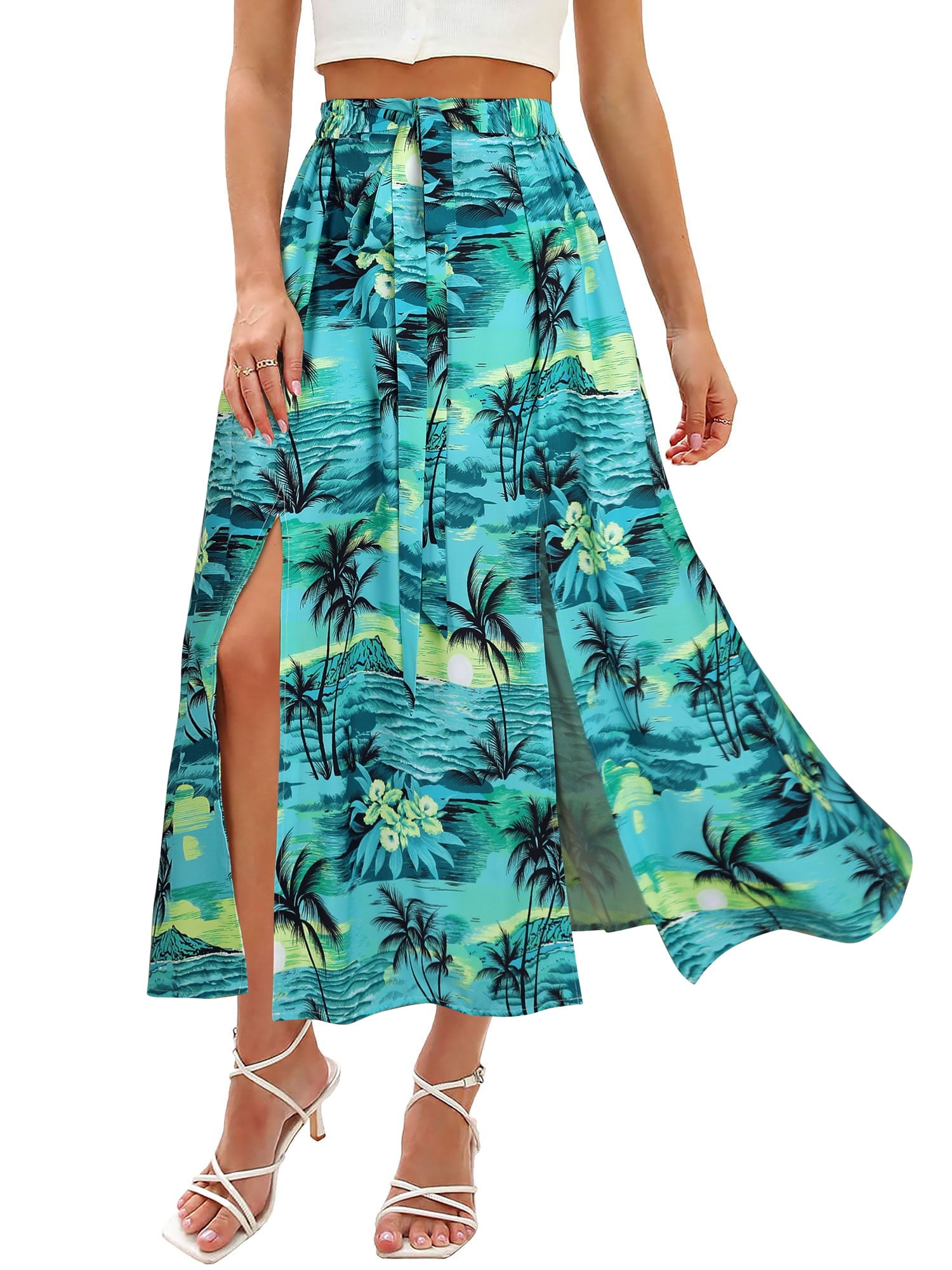 ZXSXSY Women's Hawaiian Skirts Tie Front Elastic Waist Slit Long Skirt ...