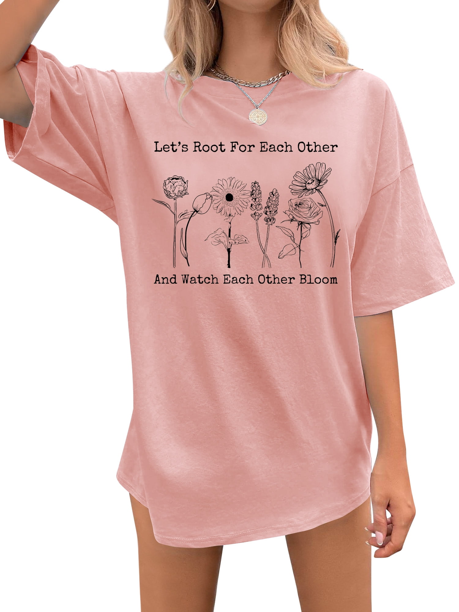 ZXSXSY Women's Oversized T-Shirts Let's Root For Each Other Floral Print Short Sleeve Graphic ...