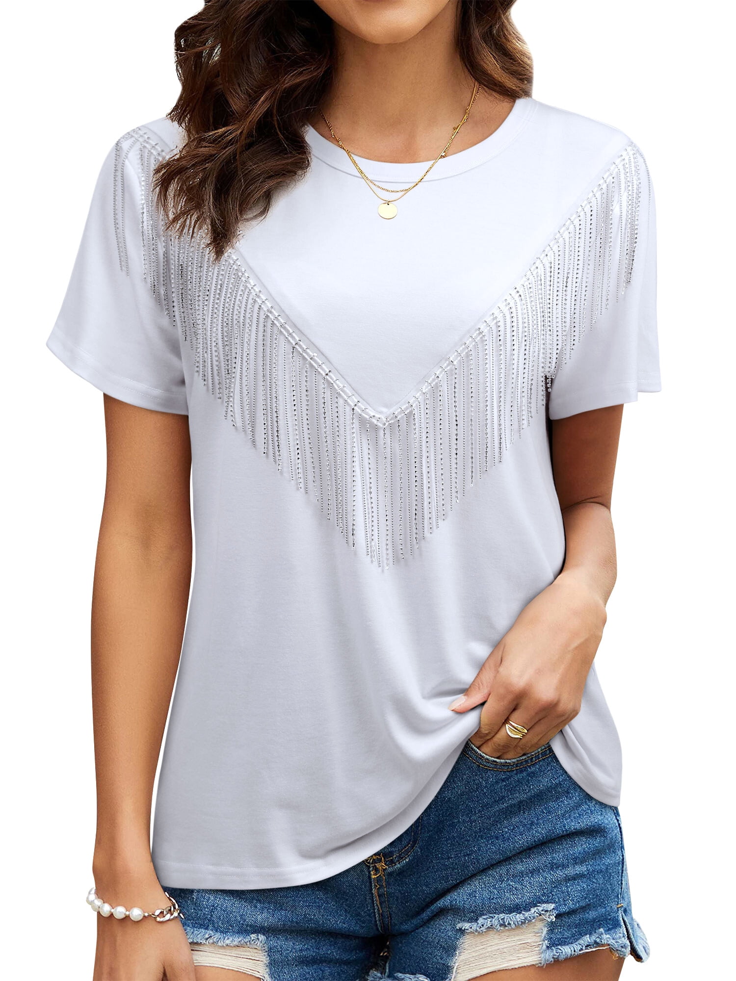 ZXSXSY Womens Sparkly Rhinestone Fringe T-Shirts Western Glitter Tassel ...