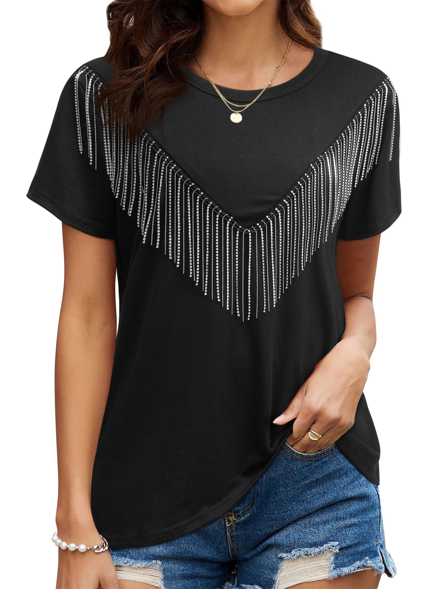 ZXSXSY Womens Sparkly Rhinestone Fringe T-Shirts Western Glitter Tassel ...