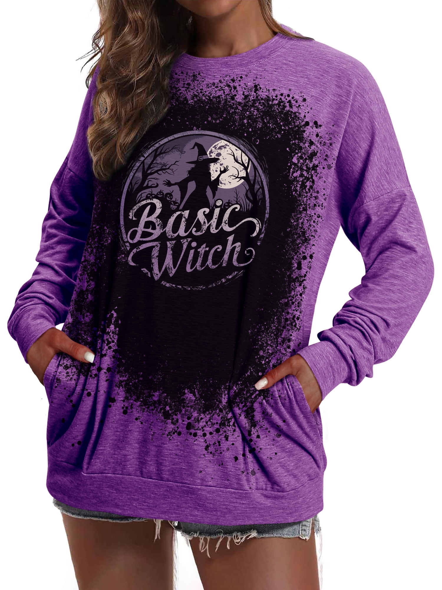 ZXSXSY Halloween Pullover Basic Witch Graphic Tops for Women Long ...