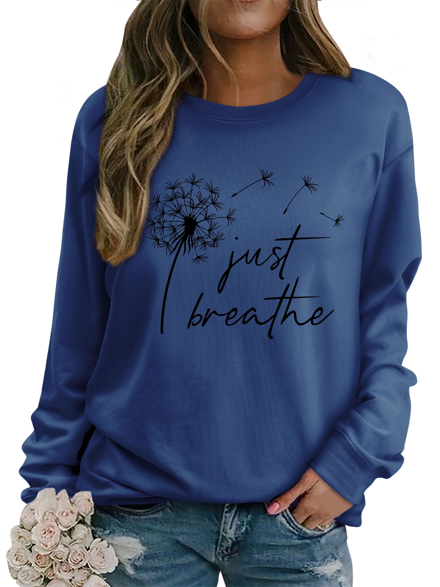 ZXSXSY Women Dandelion Just Breathe Letter Printed Crew Neck Long ...