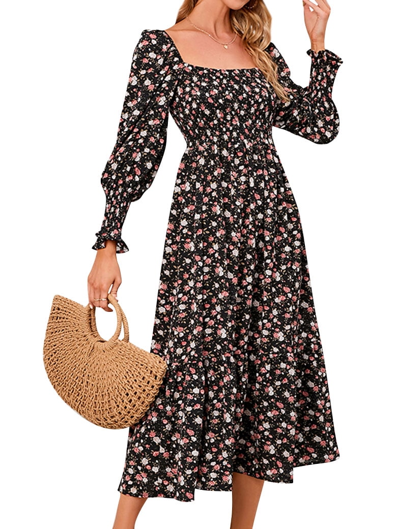 ZXSXSY Women Floral Print Square Neck Ruched Long Sleeve Ruffled Midi ...