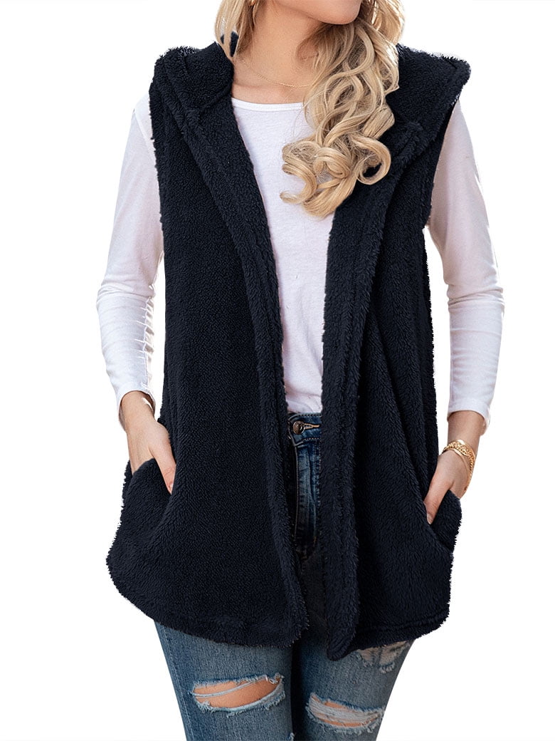 ZXSXSY Women Open Front Solid Color Sleeveless Fleece Hooded Vest ...