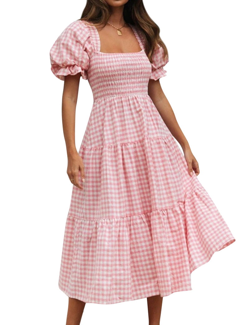 ZXSXSY Women Plaid Square Neck Elastic Chest Puff Sleeve Open Back ...