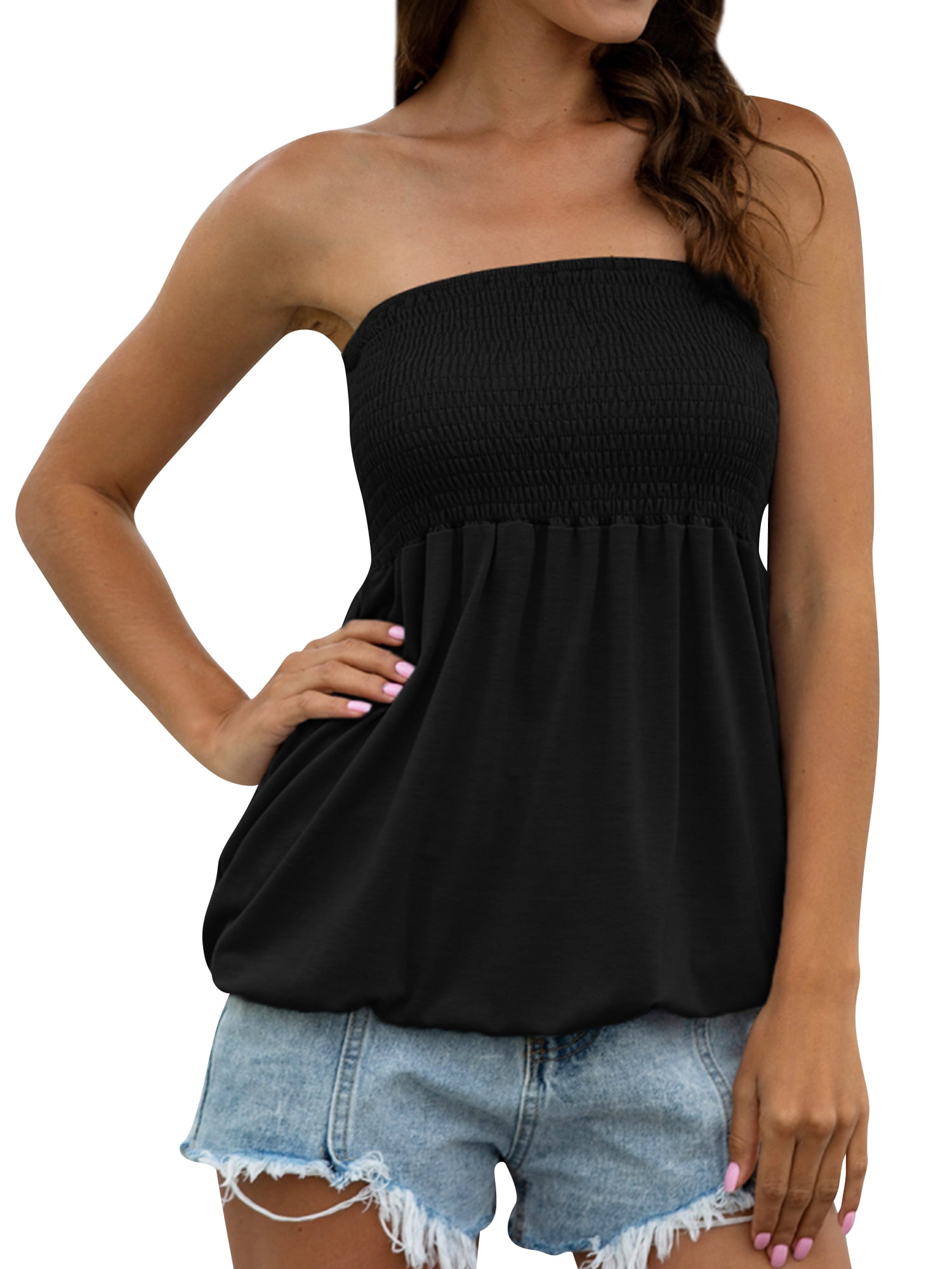 ZXSXSY Women's Holiday Strapless Elastic Pleated Tube Top Summer Casual ...