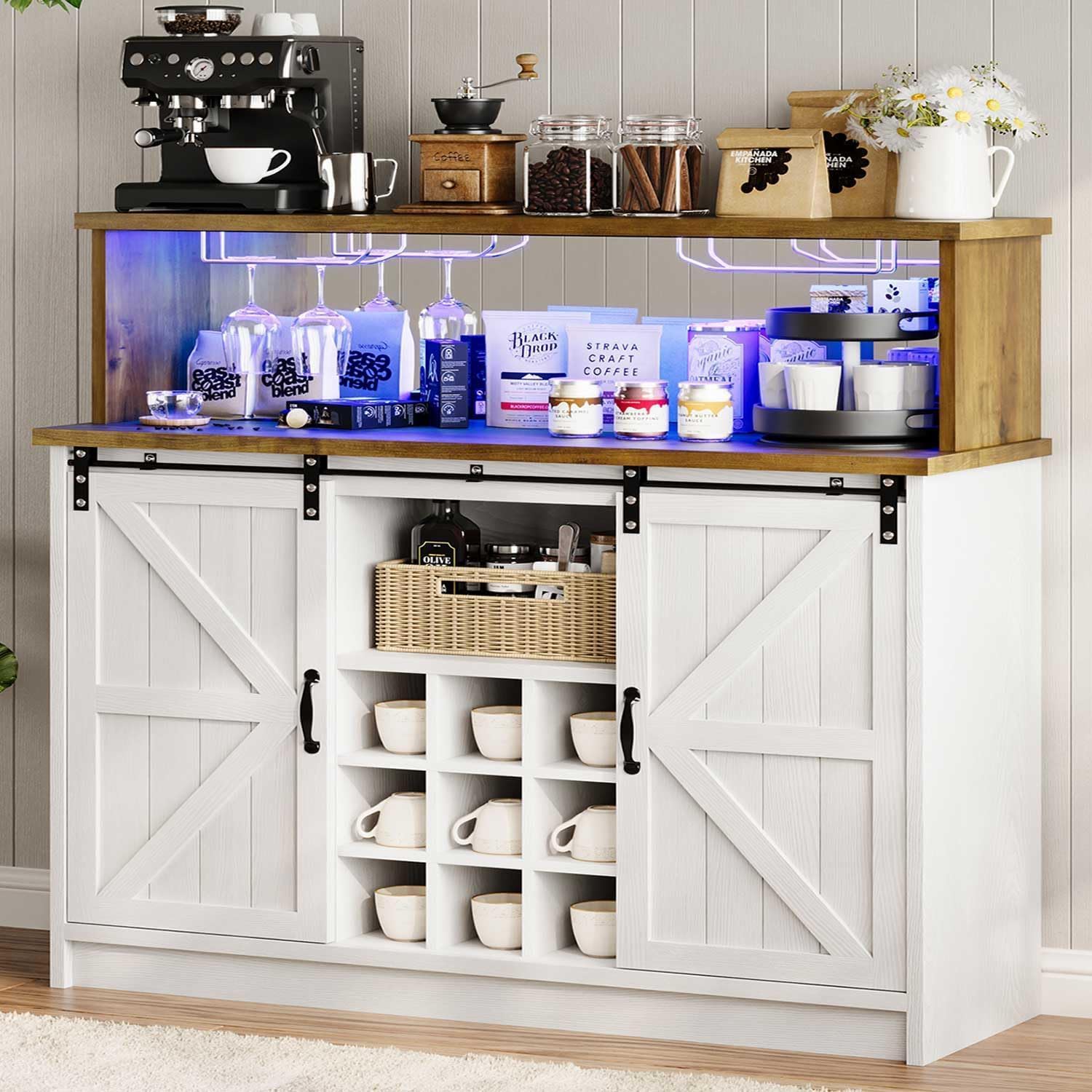 ZYB Farmhouse Coffee Bar with LED Lights, 47 inch Coffee Bar Cabinet ...