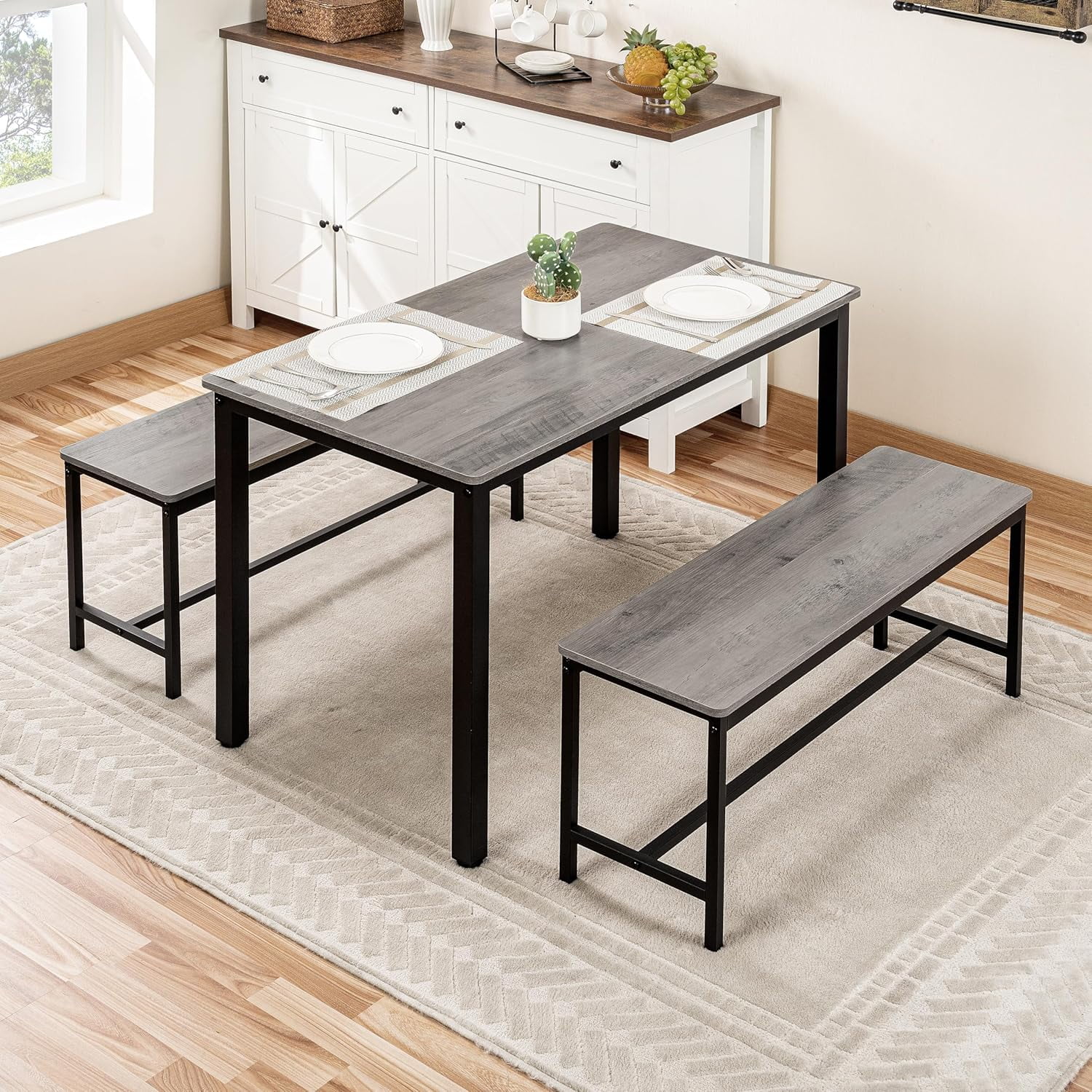 Paola Dining Set for 4 with 2 Benches, Kitchen Table Set with Metal ...