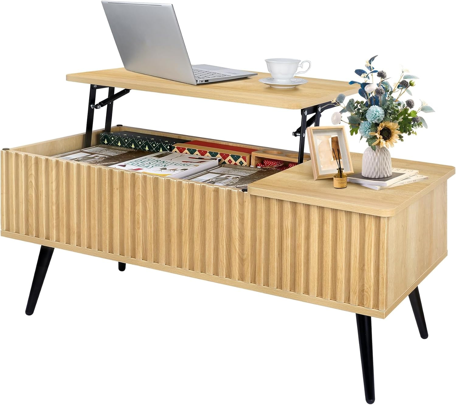 ZYBT Fluted Lift Top Coffee Table, Light Wood Rustic Coffee Tables ...