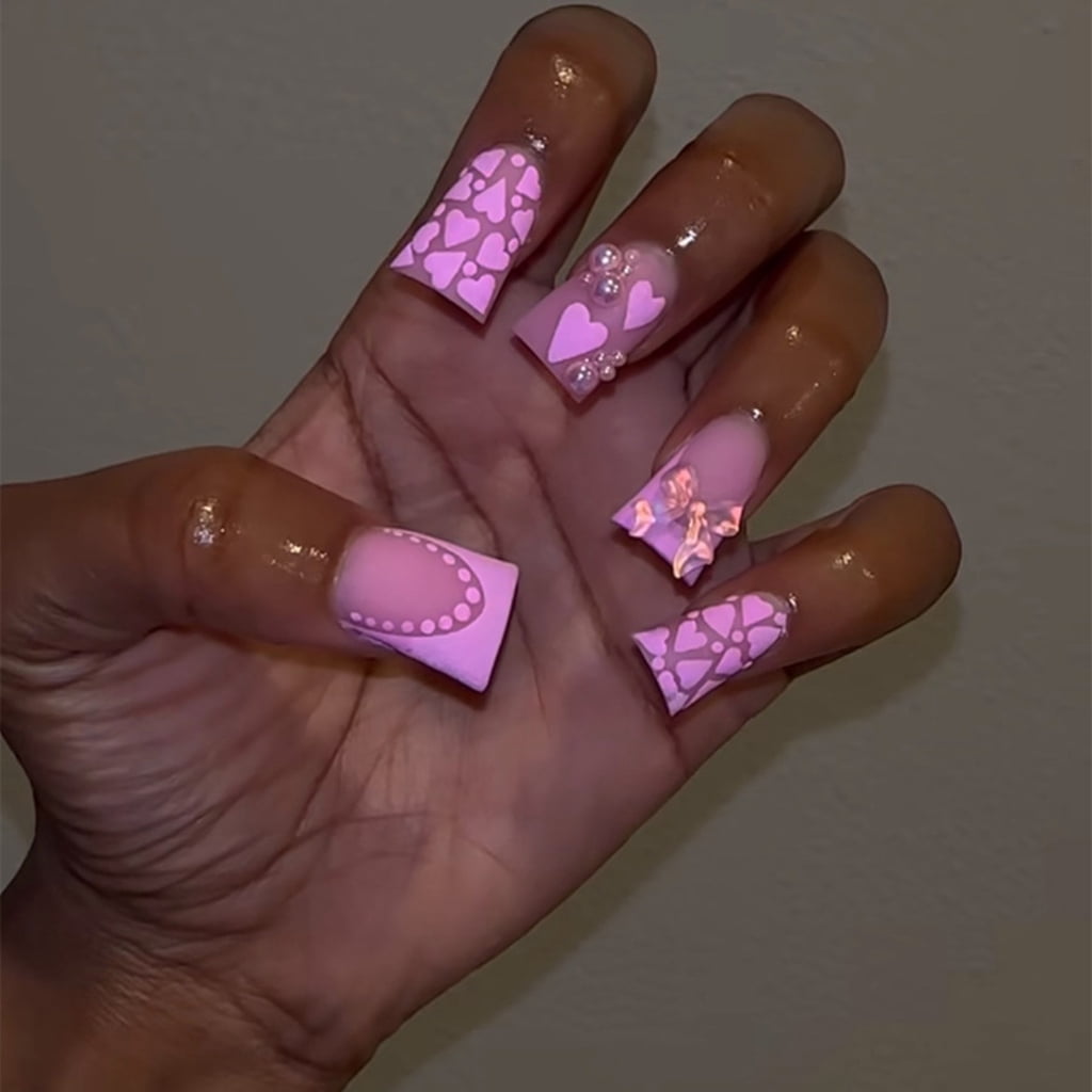 ZYHARUKO 24Pcs French Tip Wide Press On Nails With Heart Pearls Accents ...