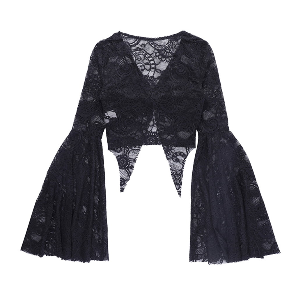 ZYHARUKO Sexy Mesh Top Flared Long Sleeve Crop Tops Y2K Style Vintage ...