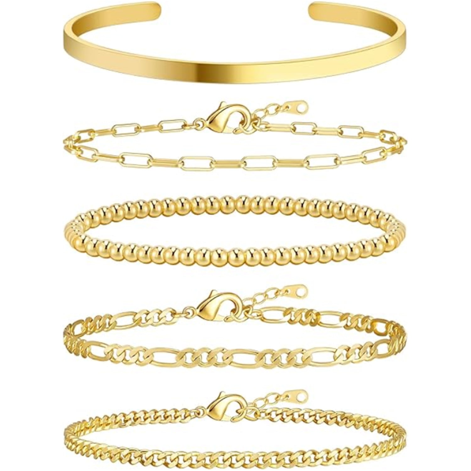 ZYHH 14K Gold Plated Bracelet Stack Set | Dainty Link Chain & Charm ...