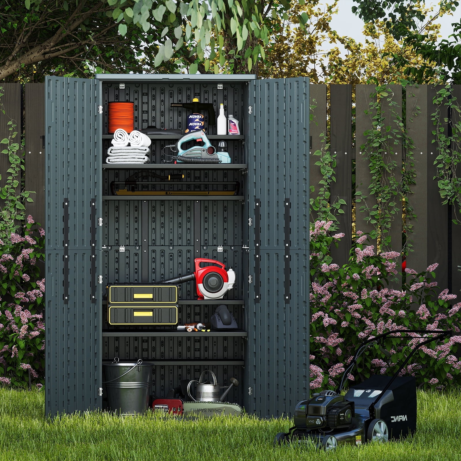 ZYJOYY 30 cu. ft. Outdoor Tall Storage Cabinet with 4 Shelves, Lockable ...