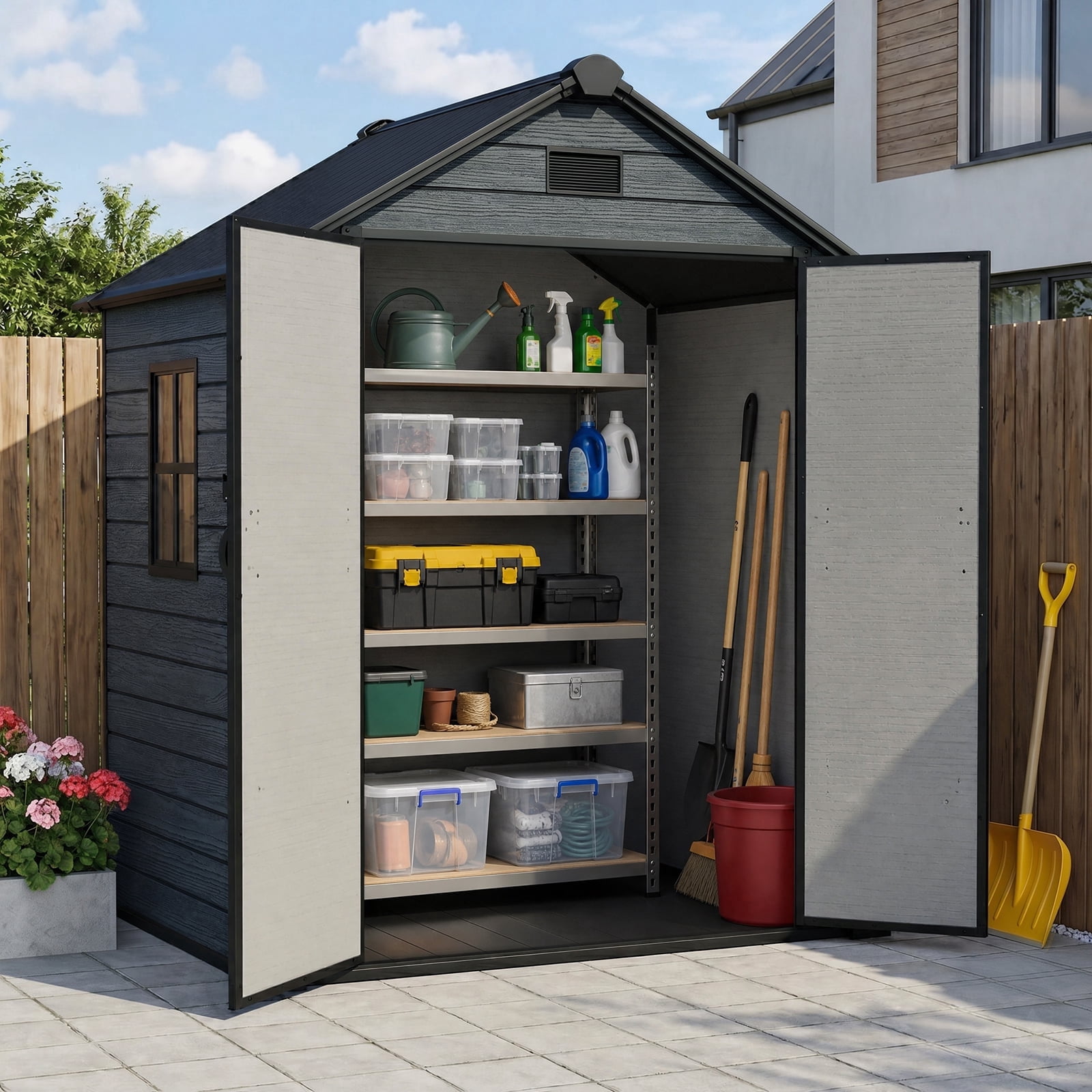 ZYJOYY Resin Outdoor Storage Shed 6' x 4.4', Plastic Storage Shed with ...