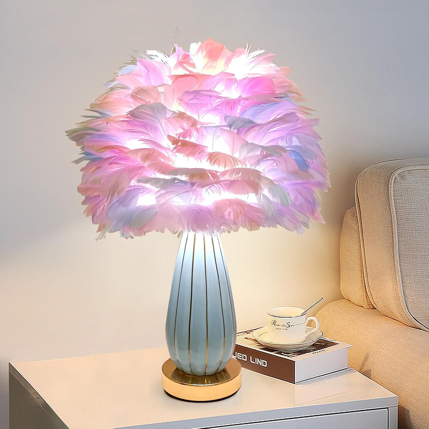 ZYLEIESENBAO Feather Lamp Princess Furry Table Lamp Colorful Goose ...