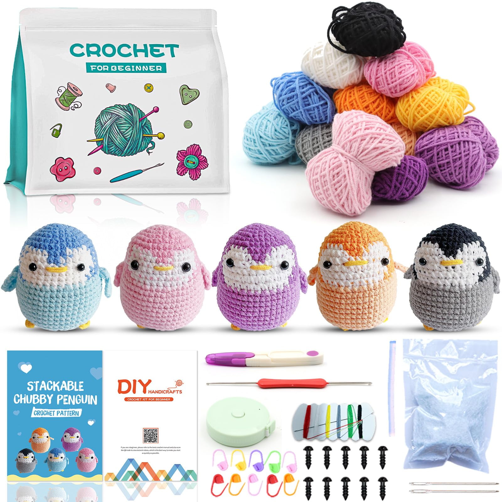 ZYNERY Crochet Kit for Beginners, 5pcs Crochet Animal Kit, Penguin ...