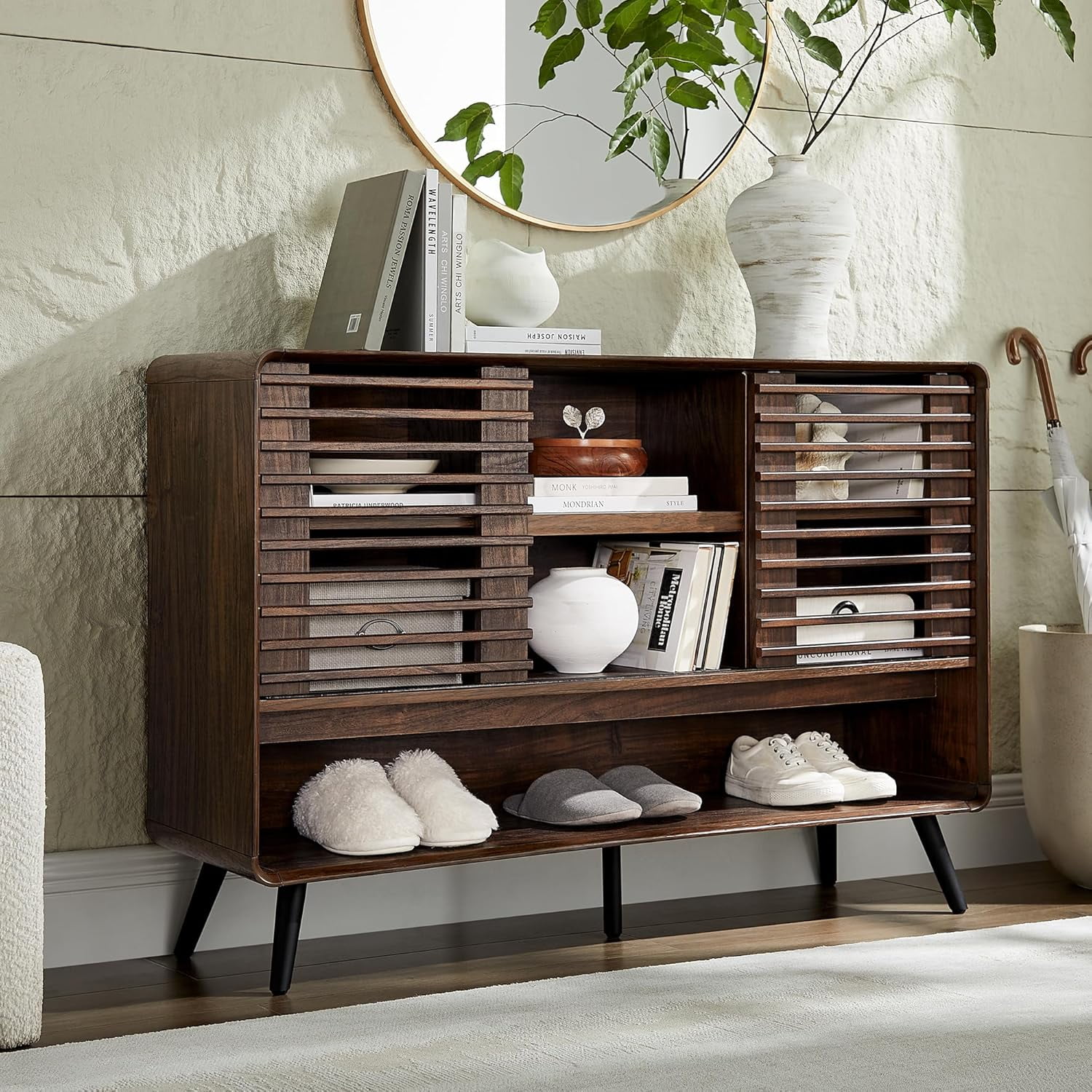 ZYPPP 46" Entryway Table with Slatted Sliding Door, Mid Century Modern ...