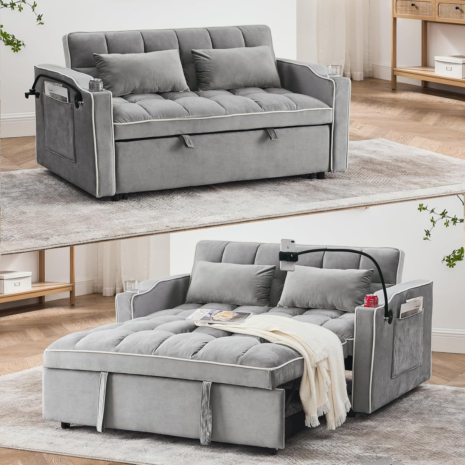 ZYQ Foldable Sofa Bed with Phone Holder, Pull Out Velvet Loveseat ...