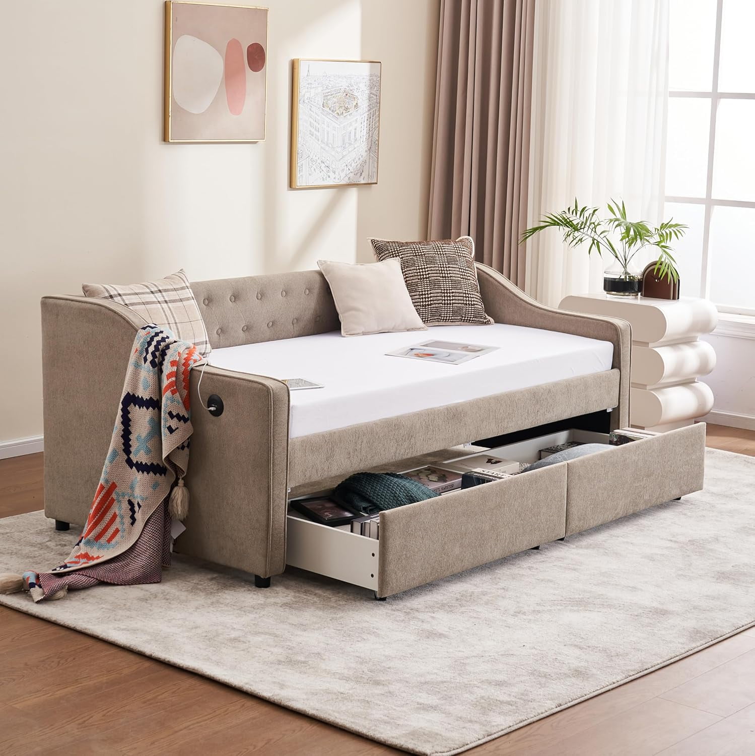 ZYQ Twin Size Upholstered Daybed with Drawers & Charge Station & Side ...