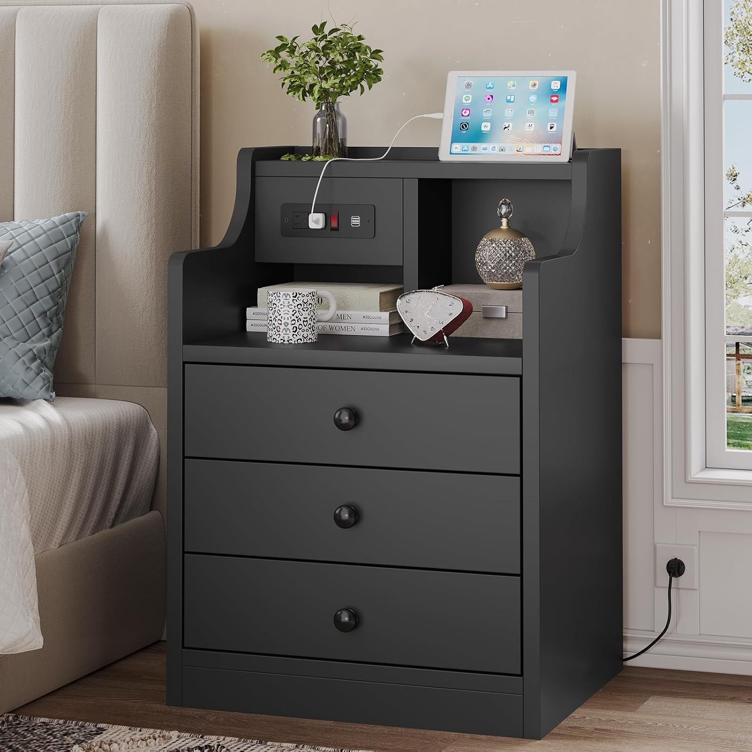 ZYSF Black Nightstand with Charging Station 3 Drawers, Wood Sofa End ...