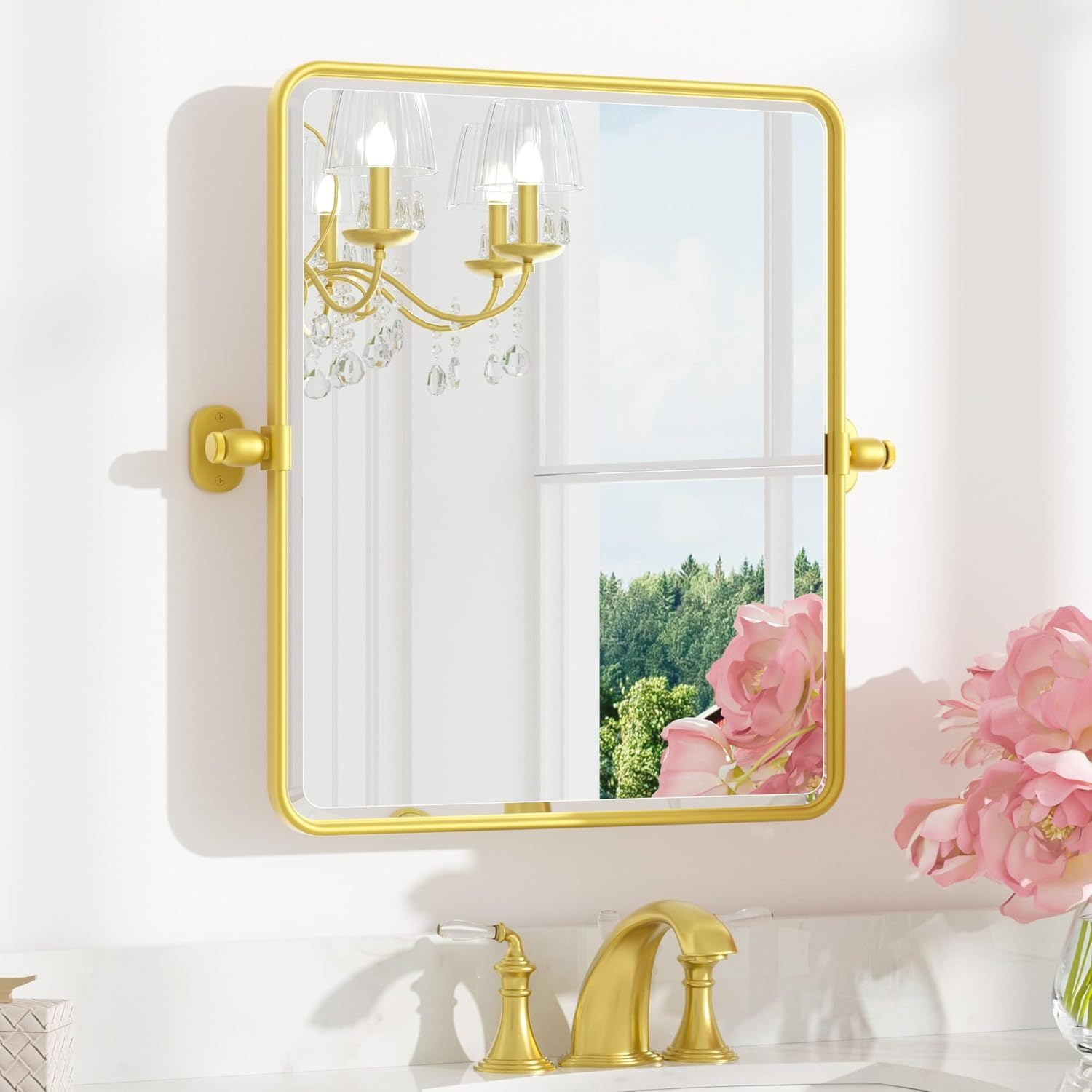 ZYSF Gold Pivot Mirror Bathroom, 20x24 In Beveled Tilt Mirror Bathroom ...