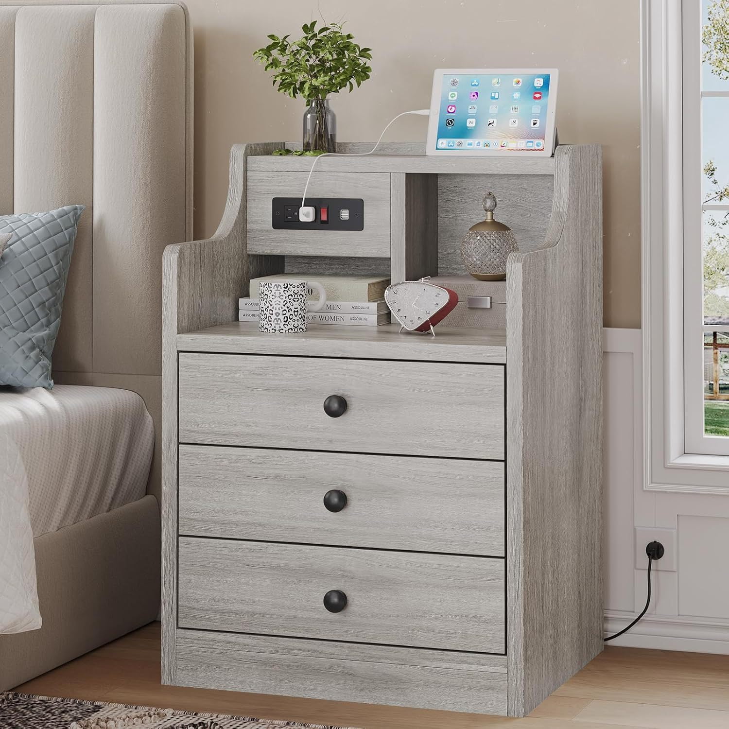 ZYSF Nightstand with Charging Station, Grey Night Stands with Hutch, 3 ...