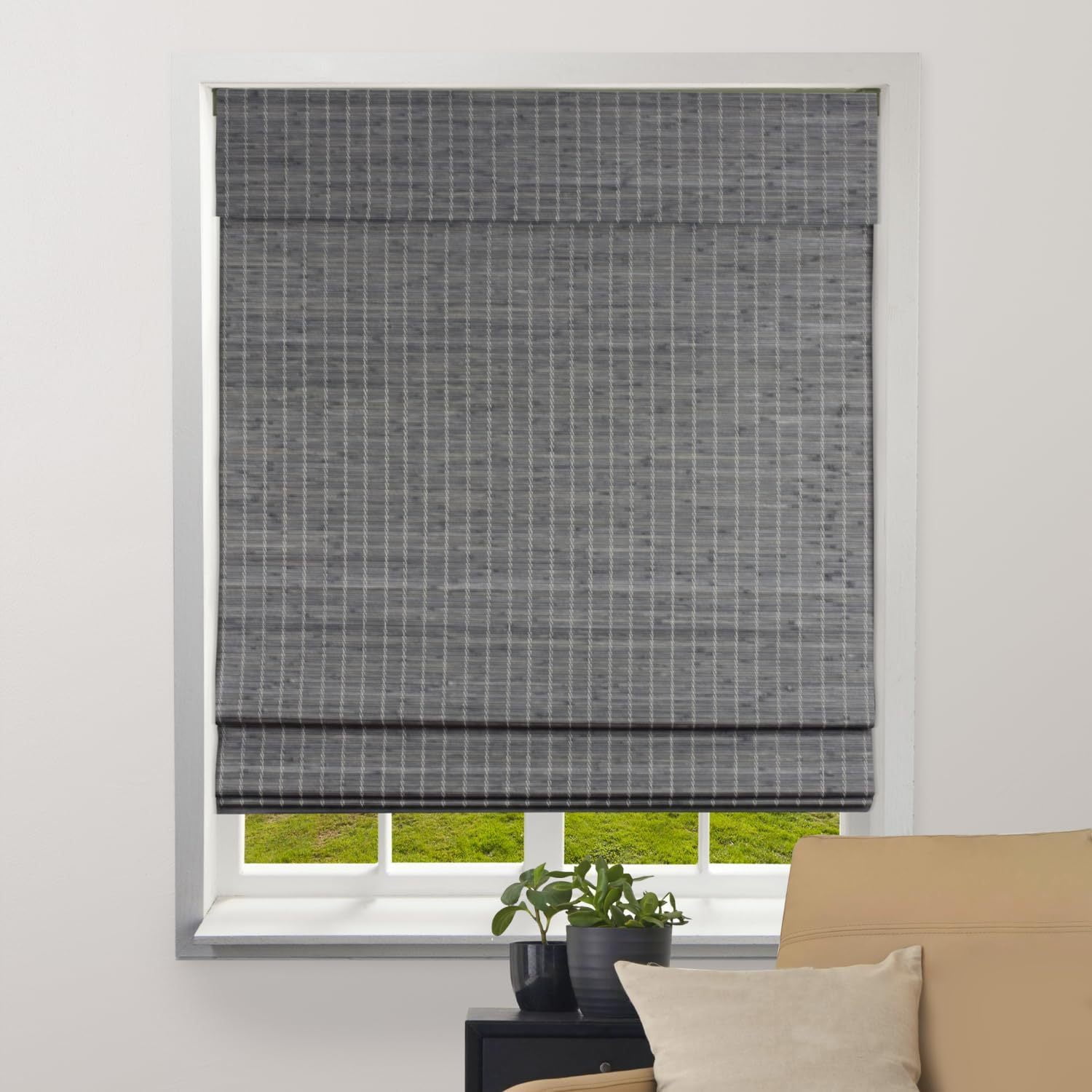 ZYSF Semi-Sheer Bamboo Roman Shades with Valance - Grey-Brown, 26.5"W x ...